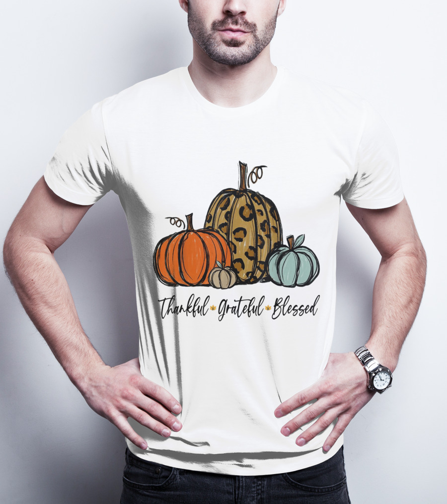 Thankful Grateful Blessed Leopard Print Pumpkin Thanksgiving Day T-Shirt