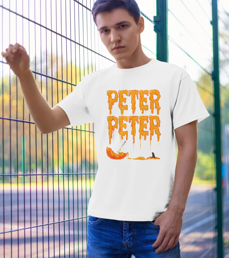 Peter Peter Pumpkin Eater Dripping Orange Text With Fork In Pumpkin T-Shirt