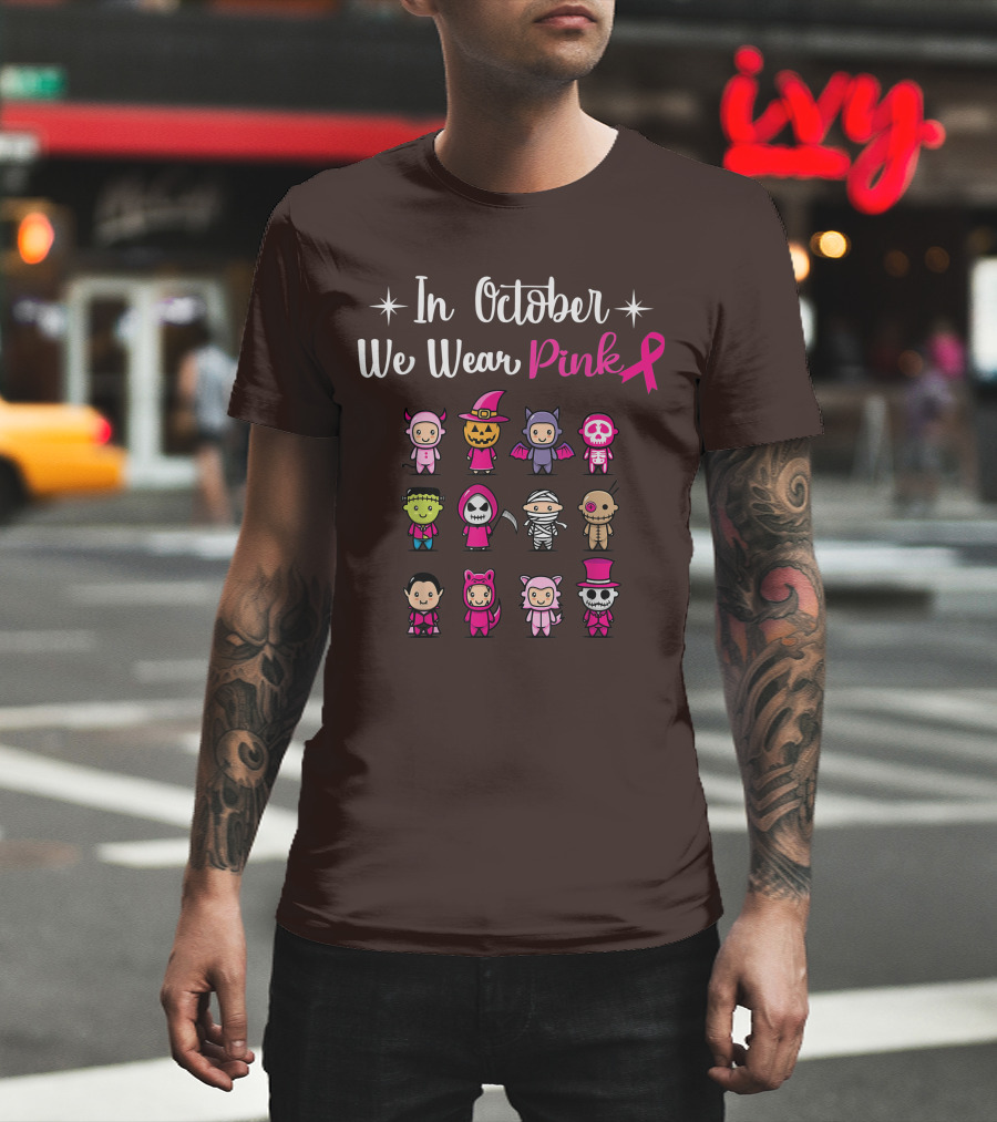 In October We Wear Pink Breast Cancer Awareness Halloween Characters T-Shirt