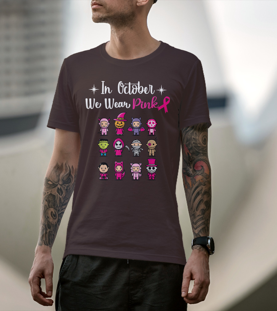In October We Wear Pink Breast Cancer Awareness Halloween Characters T-Shirt