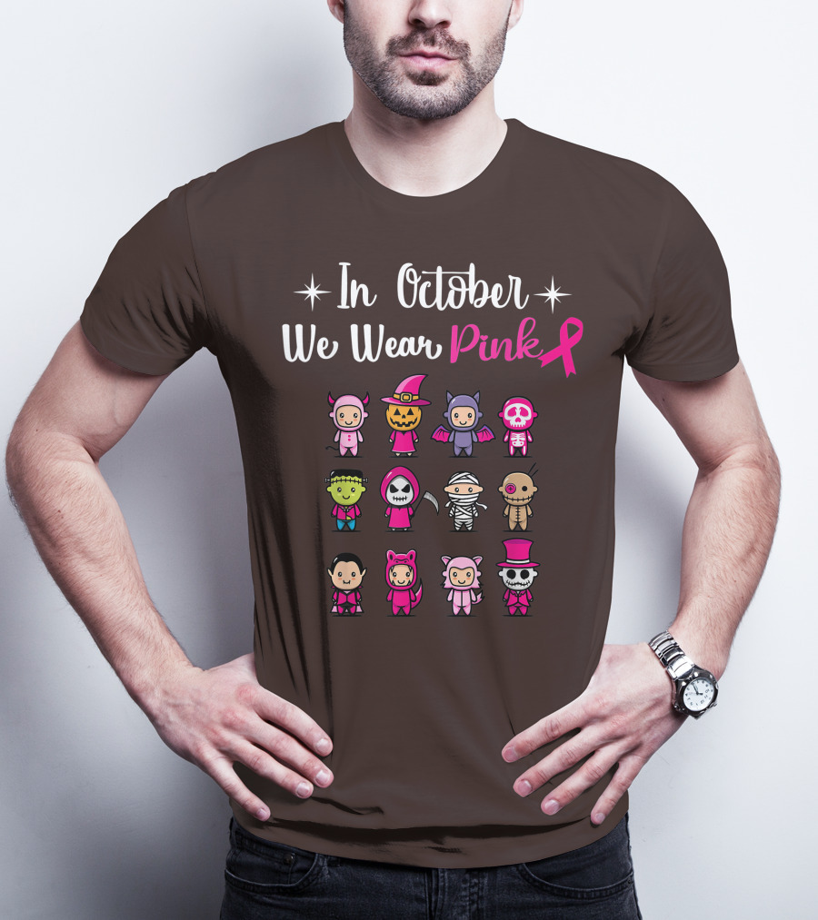 In October We Wear Pink Breast Cancer Awareness Halloween Characters T-Shirt