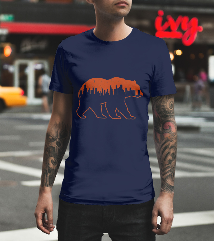Vintage Downtown Chicago City Skyline Bear Silhouette Novelty T-Shirt