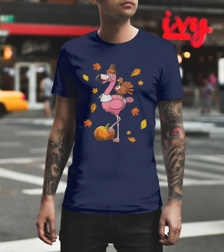 Thanksgiving Flamingo Pilgrim And Turkey With Autumn Leaves And Pumpkin T-Shirt