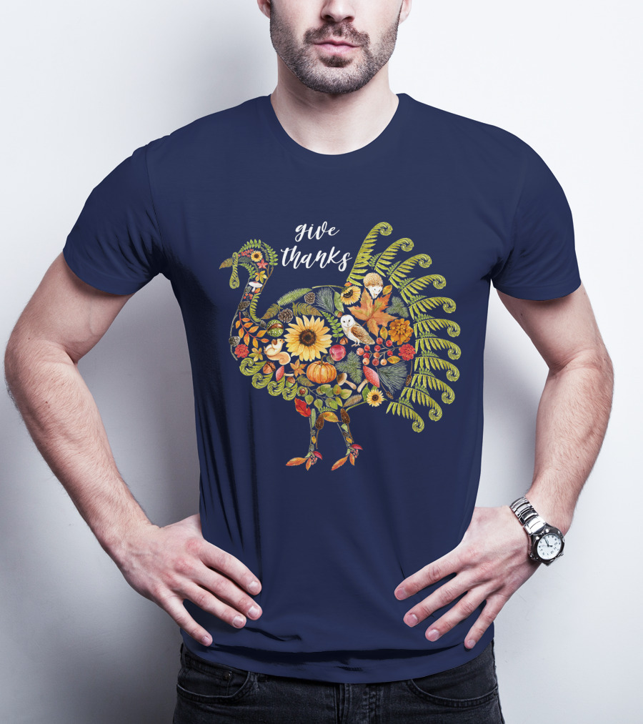 Give Thanks Vintage Autumn Botanical Turkey Thanksgiving T-Shirt
