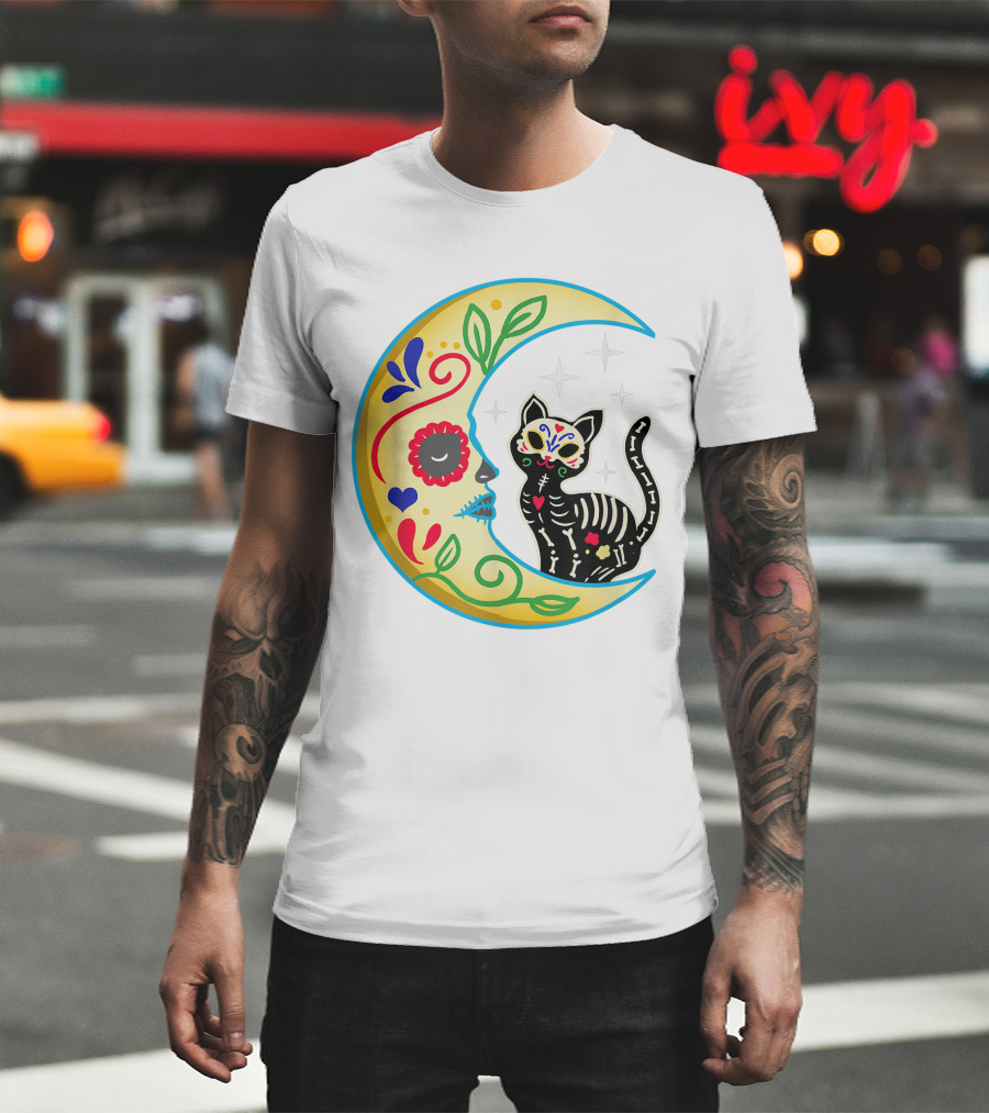 Cat And Moon Sugar Skull Dia De Los Muertos Day Of The Dead Mexican Festival T-Shirt