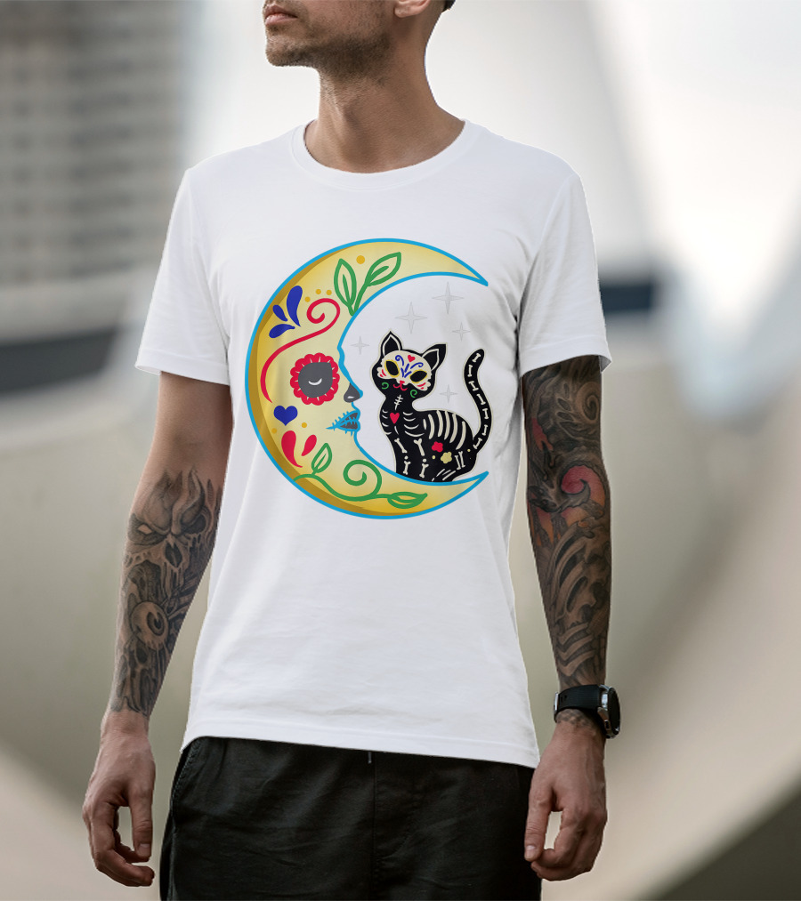 Cat And Moon Sugar Skull Dia De Los Muertos Day Of The Dead Mexican Festival T-Shirt