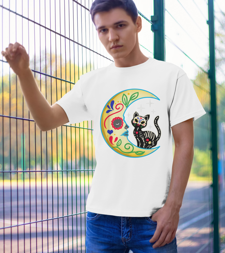 Cat And Moon Sugar Skull Dia De Los Muertos Day Of The Dead Mexican Festival T-Shirt