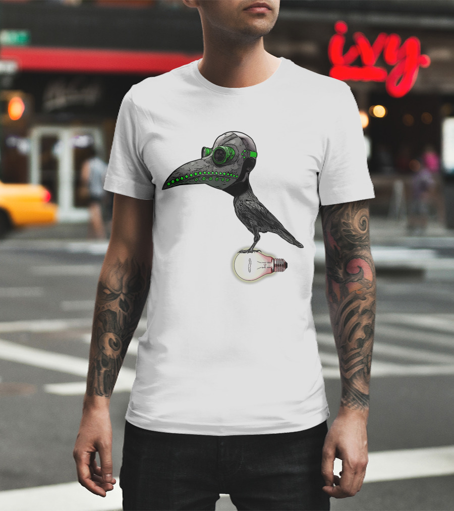 Bird In Plague Doctor Mask Perched On Light Bulb T-Shirt