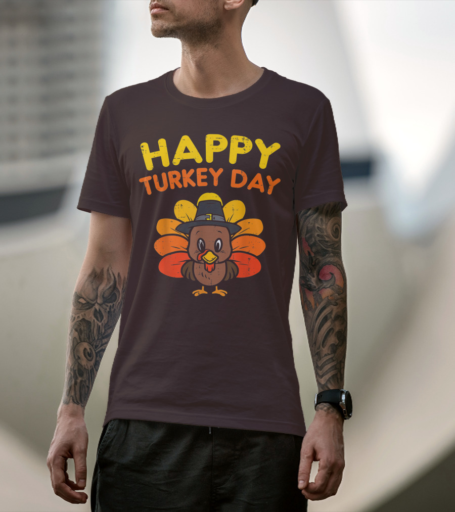 Happy Turkey Day Cute Thanksgiving Pilgrim Turkey T-Shirt