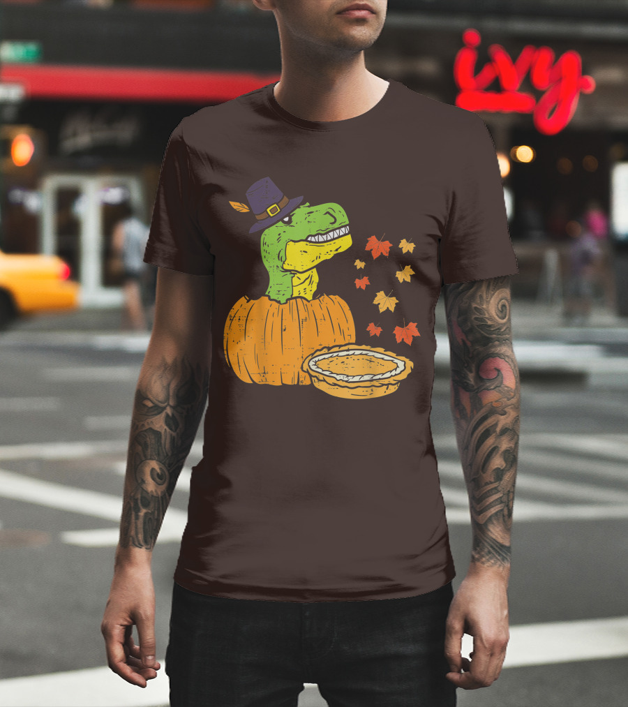 Pilgrim Trex Dinosaur Pumpkin Leaves Pie T-Shirt