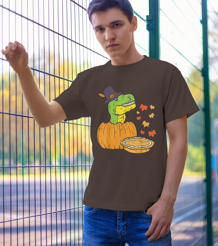 Pilgrim Trex Dinosaur Pumpkin Leaves Pie T-Shirt