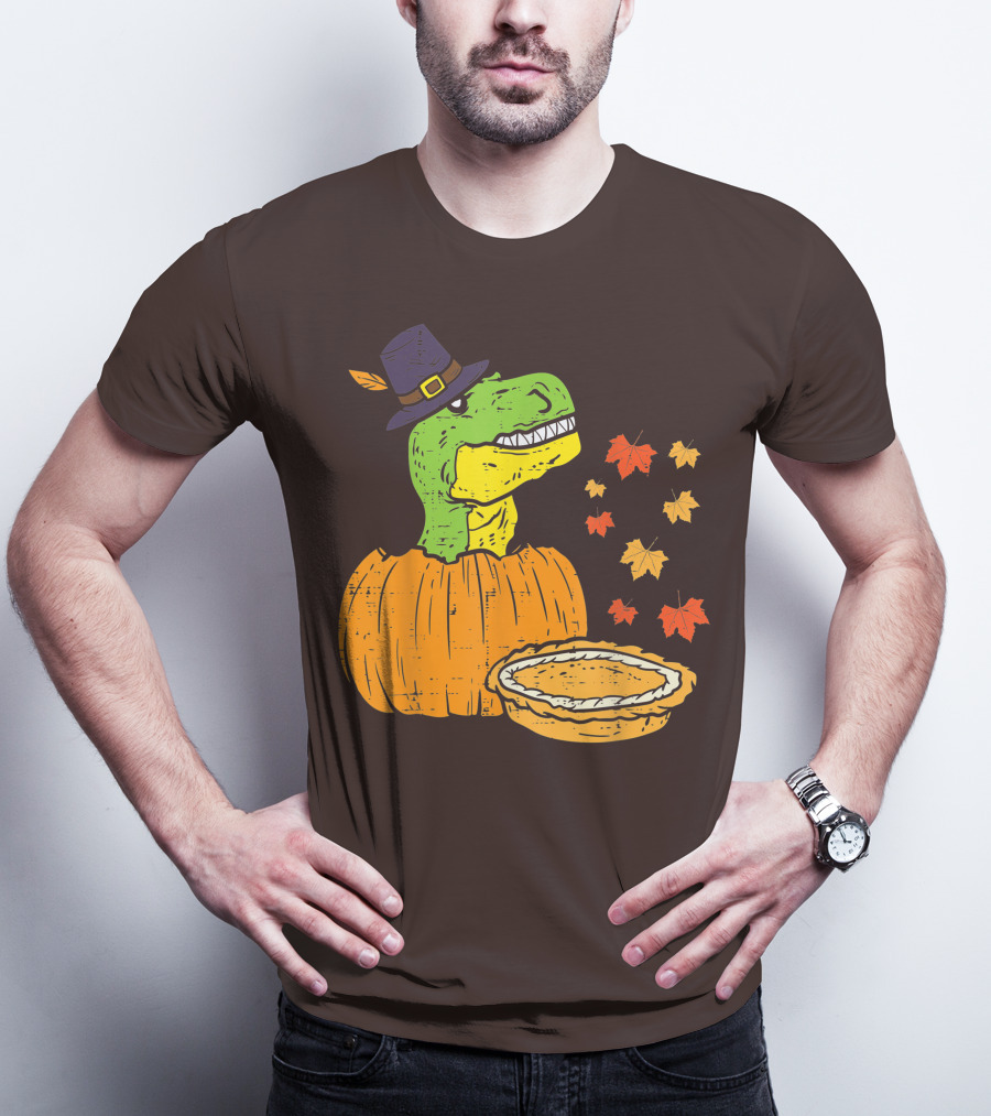 Pilgrim Trex Dinosaur Pumpkin Leaves Pie T-Shirt