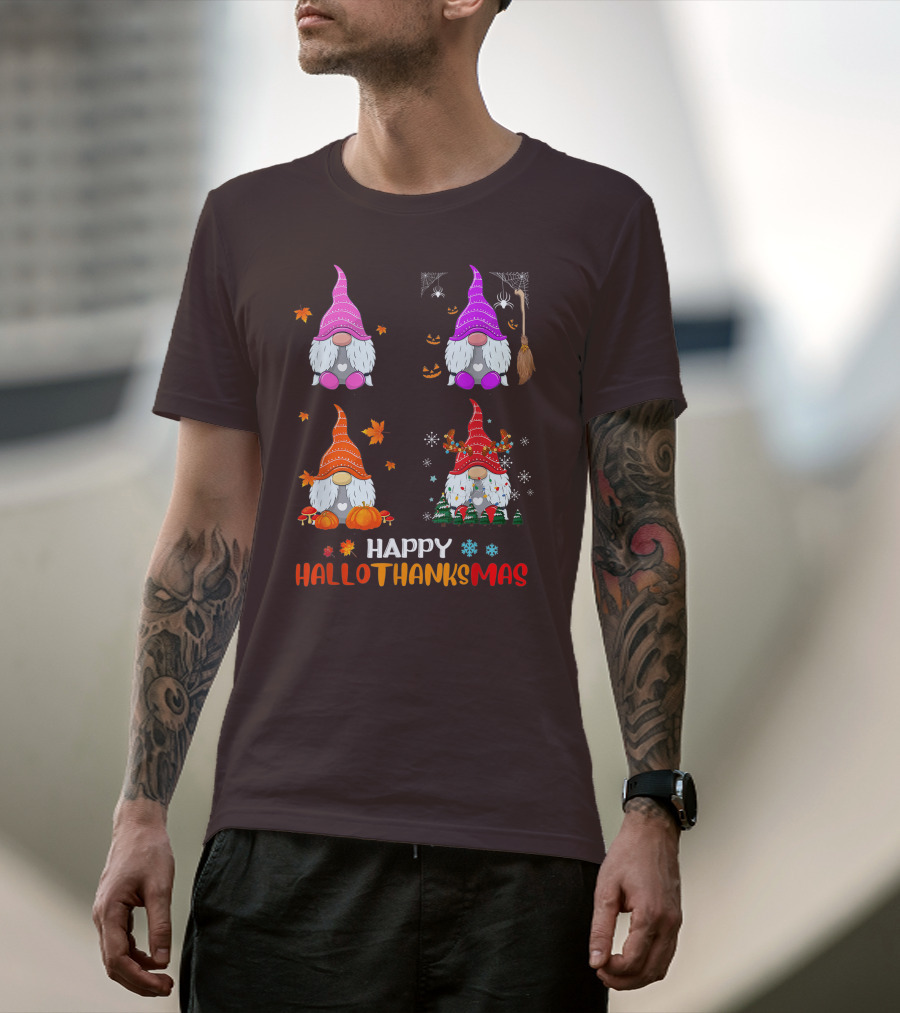 Happy Hallothanksmas Gnome Halloween Thanksgiving Christmas T-Shirt