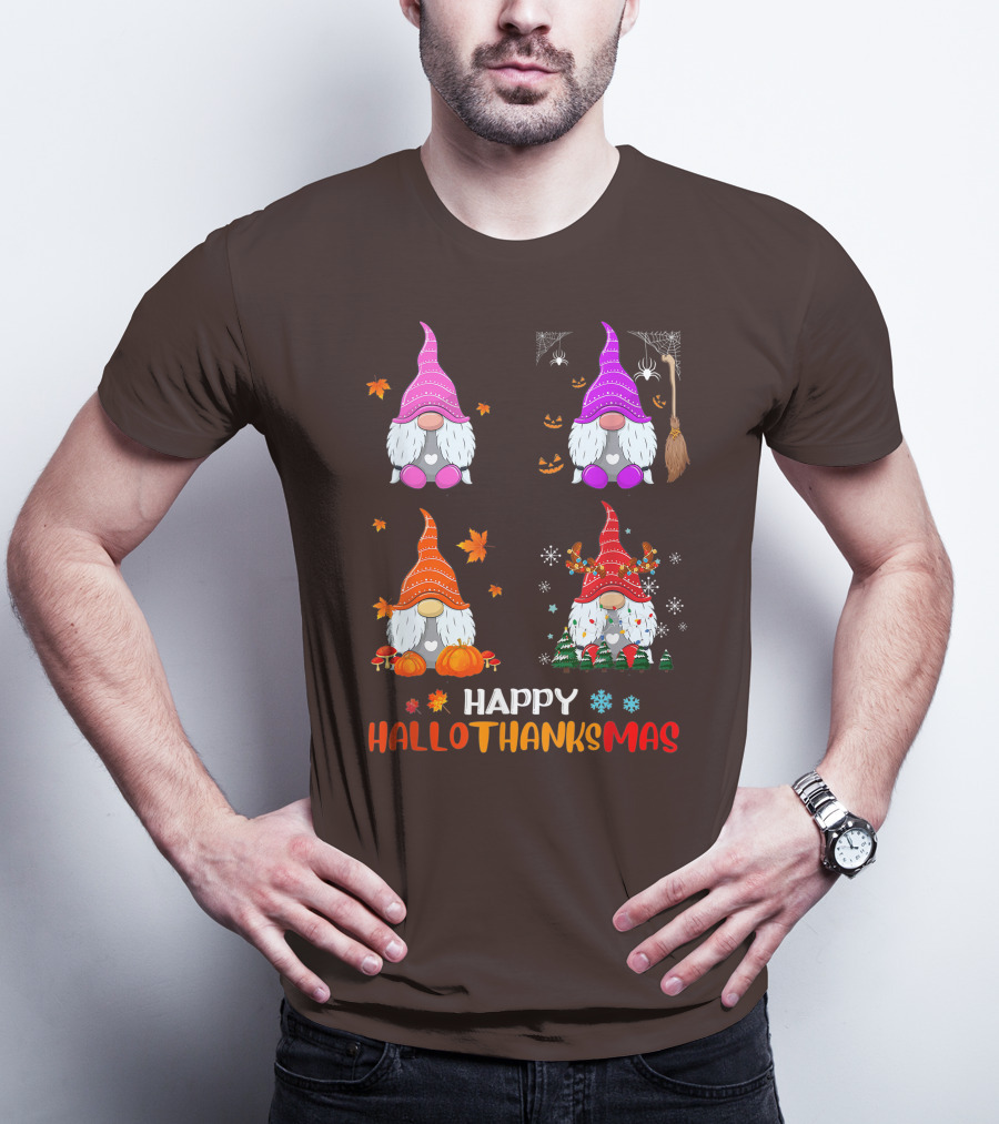Happy Hallothanksmas Gnome Halloween Thanksgiving Christmas T-Shirt