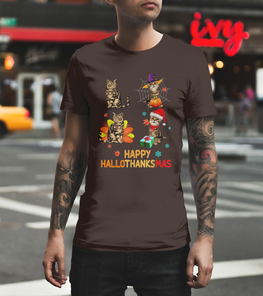 Happy Hallothanksmas Cats With Pumpkin, Autumn Leaves, Santa Hat, And Gift T-Shirt