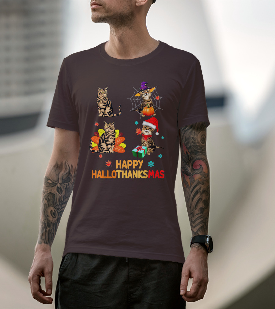 Happy Hallothanksmas Cats With Pumpkin, Autumn Leaves, Santa Hat, And Gift T-Shirt