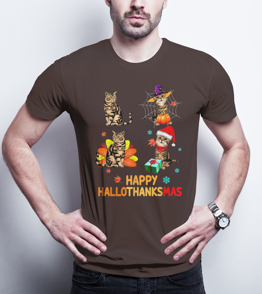Happy Hallothanksmas Cats With Pumpkin, Autumn Leaves, Santa Hat, And Gift T-Shirt