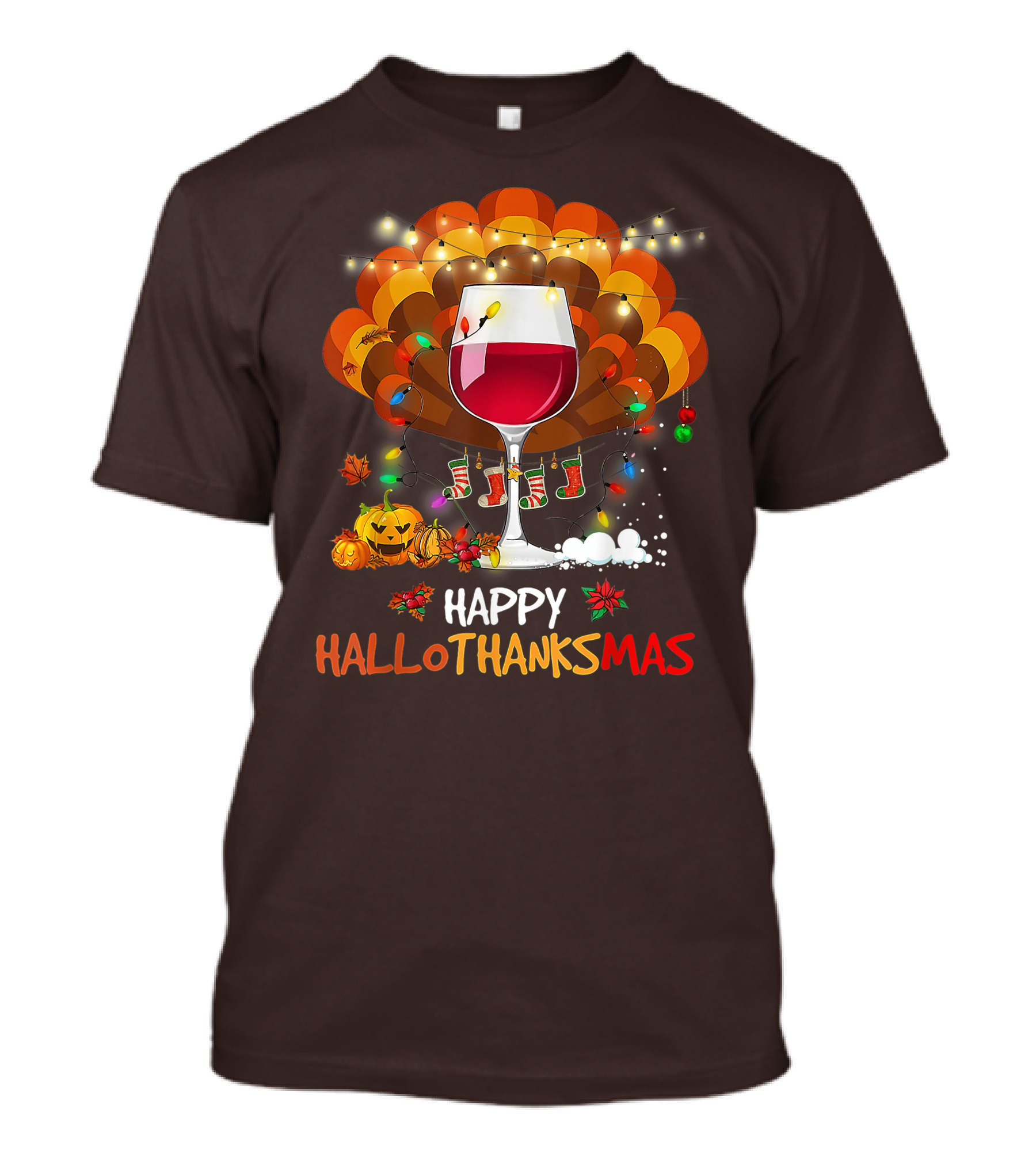 Happy Hallothanksmas Wine Glass Thanksgiving Funny Wine T-Shirt