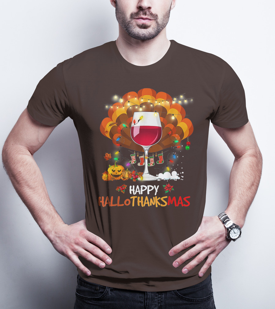 Happy Hallothanksmas Wine Glass Thanksgiving Funny Wine T-Shirt