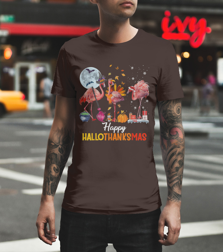Happy Hallothanksmas Flamingo Halloween Merry Christmas T-Shirt