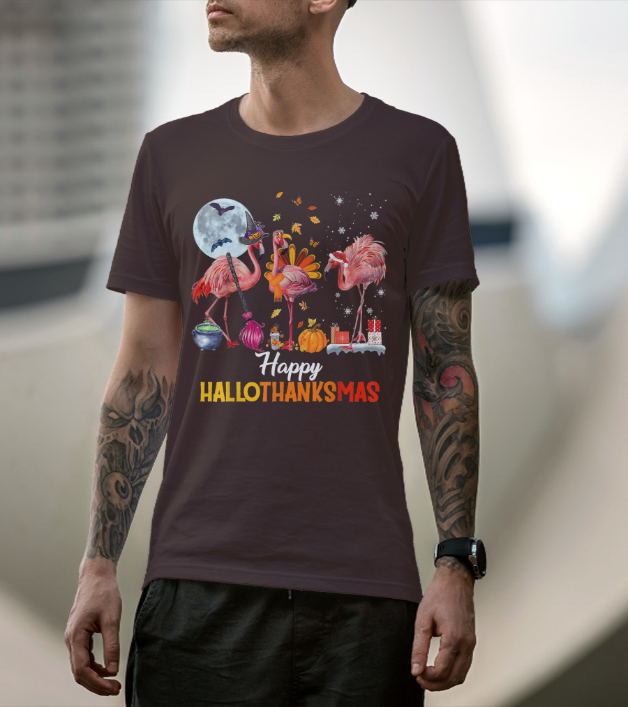 Happy Hallothanksmas Flamingo Halloween Merry Christmas T-Shirt