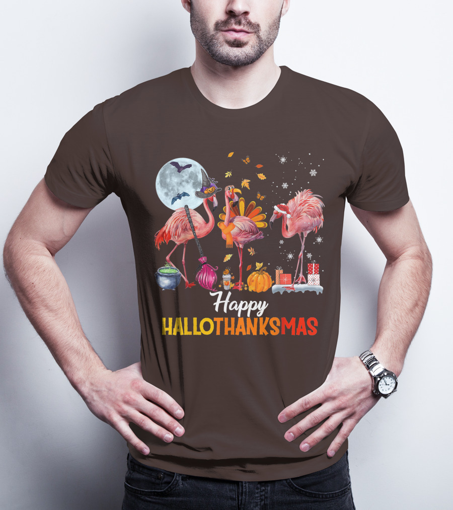 Happy Hallothanksmas Flamingo Halloween Merry Christmas T-Shirt