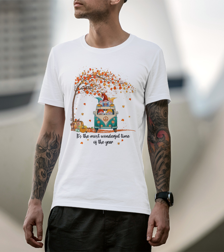 It's The Most Wonderful Time Of The Year Gnomes Autumn Fall In A Van With Pumpkins And Leaves T-Shirt
