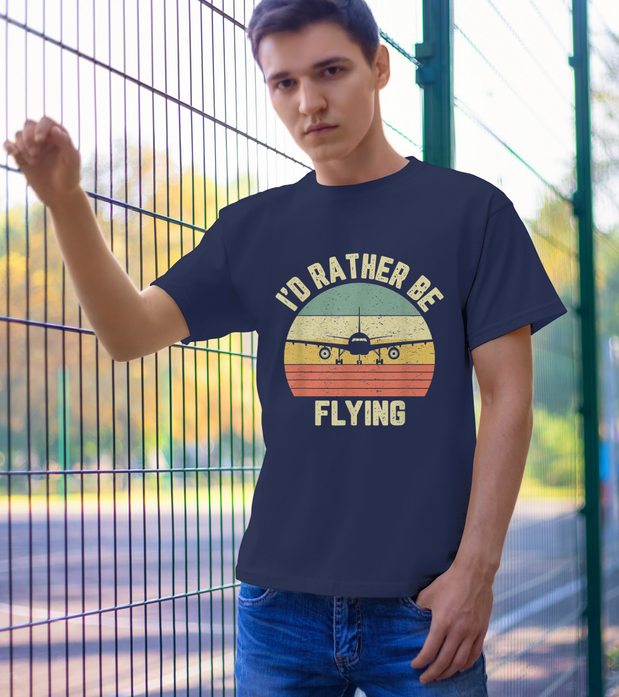 I'd Rather Be Flying Airplane Vintage Sunset Pilot Humor T-Shirt