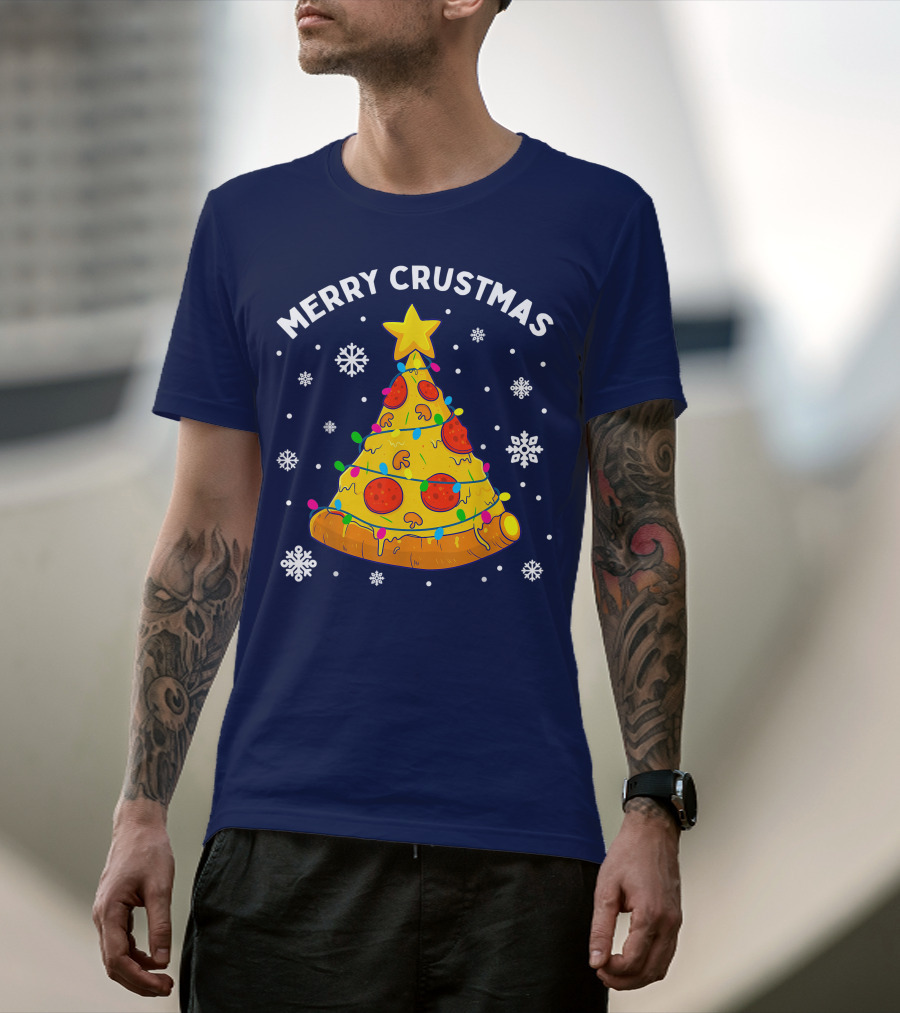 Merry Crustmas Pizza Christmas Tree With Cheese Garland And Snowflakes T-Shirt