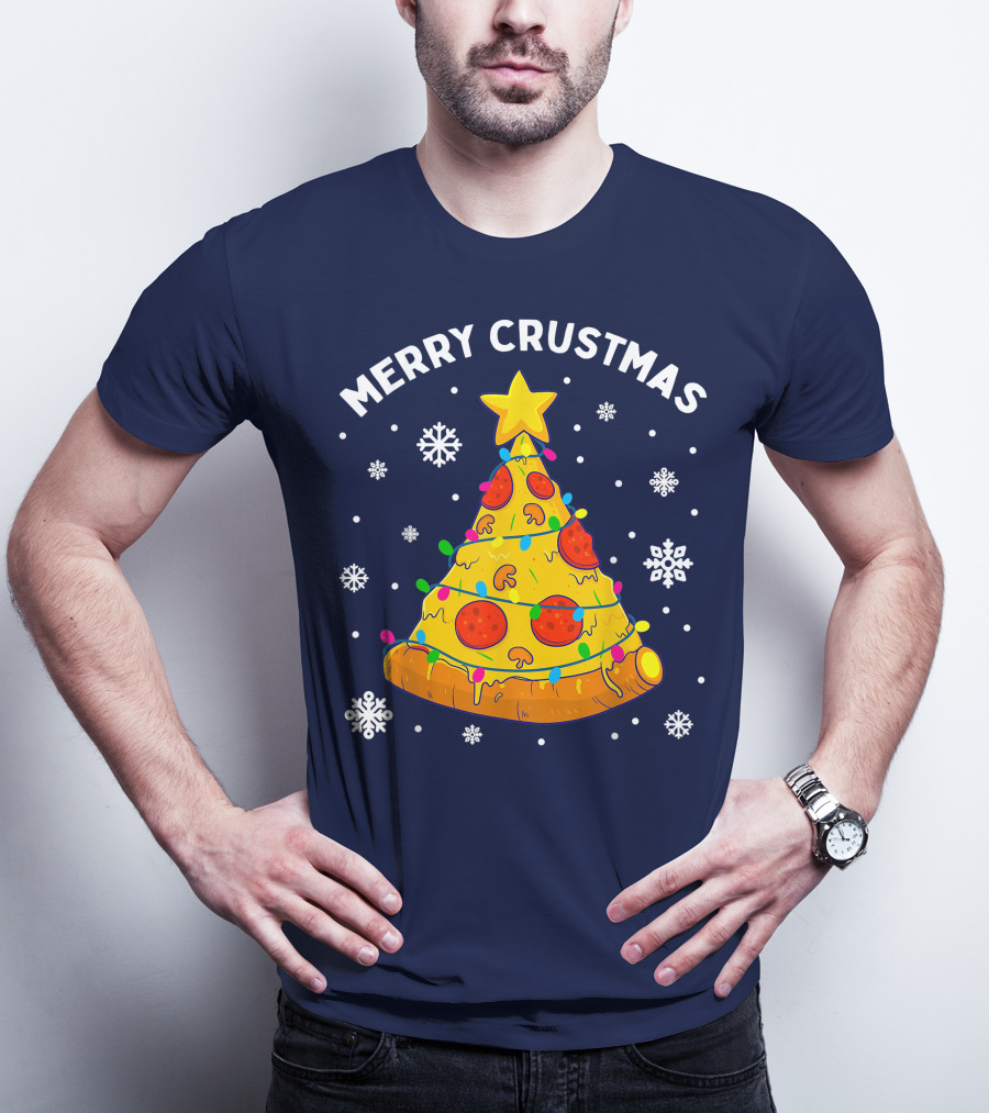 Merry Crustmas Pizza Christmas Tree With Cheese Garland And Snowflakes T-Shirt