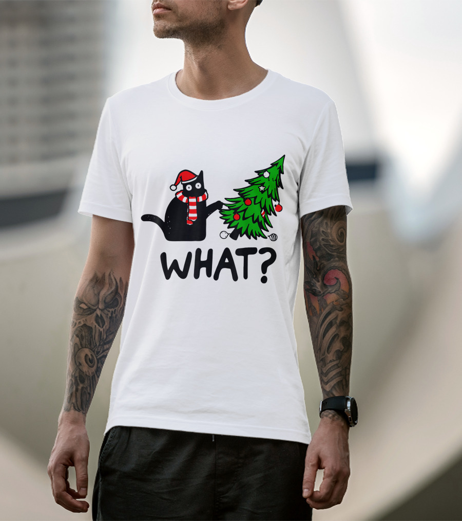 Funny Black Cat Santa Hat Pushing Over Christmas Tree What T-Shirt