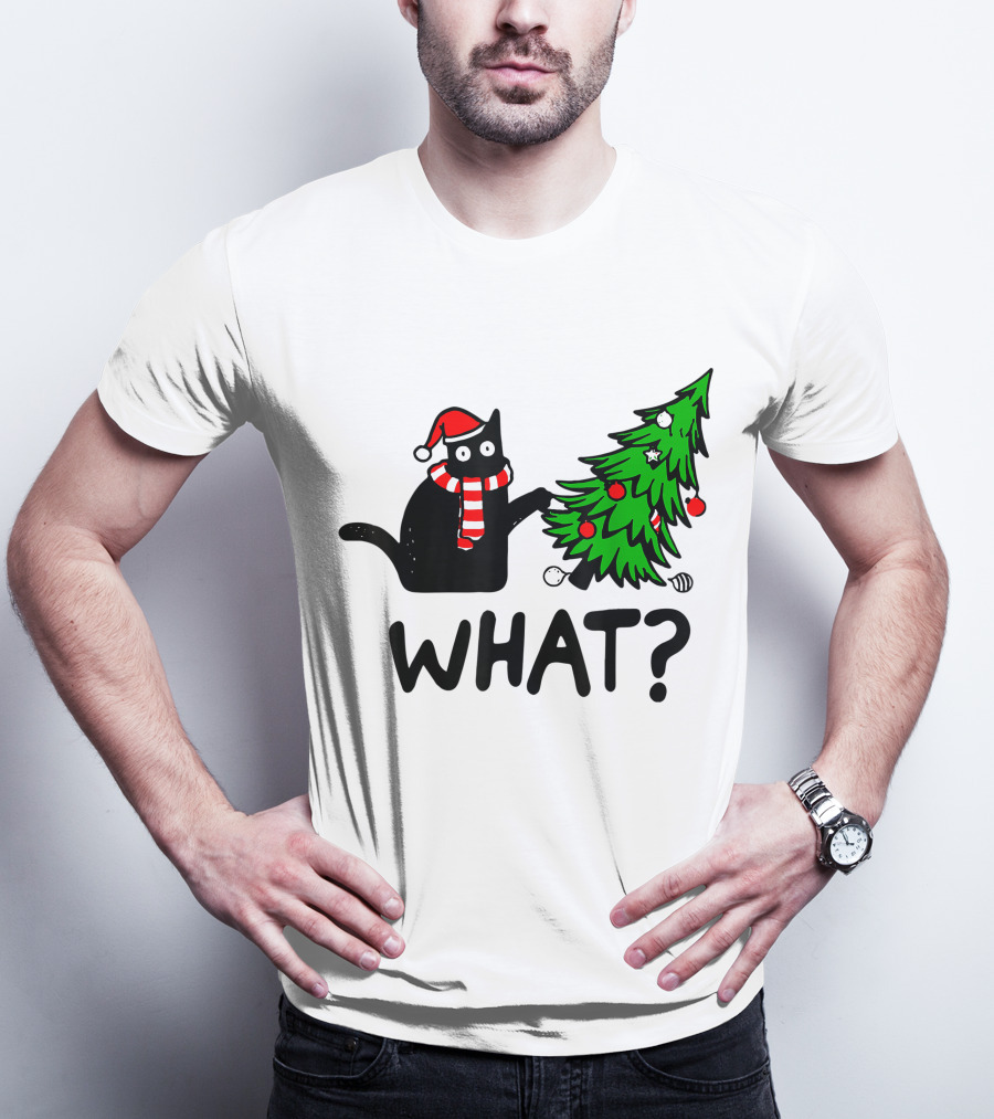 Funny Black Cat Santa Hat Pushing Over Christmas Tree What T-Shirt