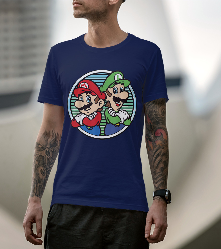 Super Mario Luigi Back To Back Iconic Brothers Circular Retro Stripes T-Shirt