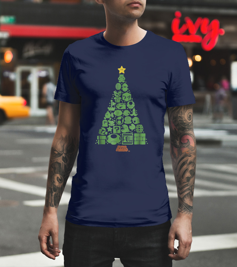 Super Mario Green Icon Christmas Tree With Star And Blocks T-Shirt