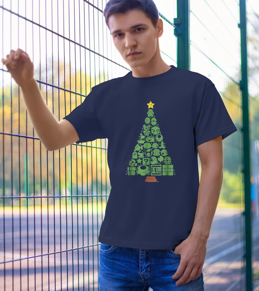 Super Mario Green Icon Christmas Tree With Star And Blocks T-Shirt