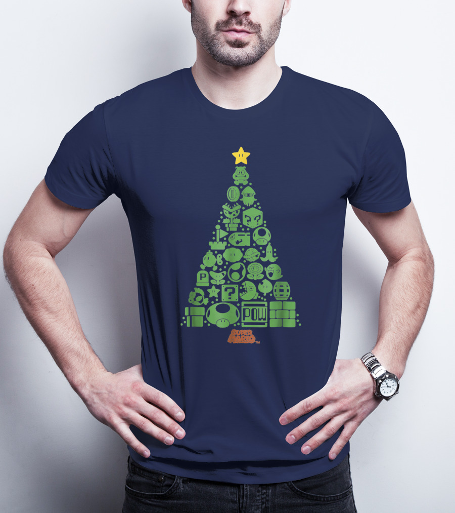 Super Mario Green Icon Christmas Tree With Star And Blocks T-Shirt