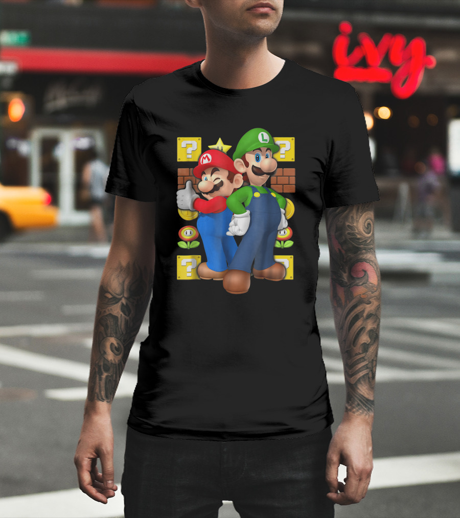 Super Mario Brothers Mario And Luigi With Question Blocks And Power-Up Icons T-Shirt