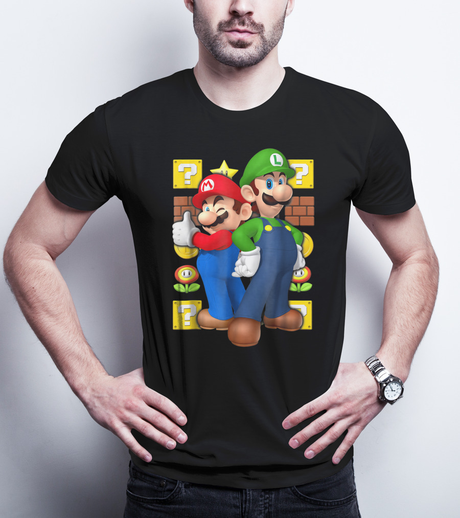 Super Mario Brothers Mario And Luigi With Question Blocks And Power-Up Icons T-Shirt