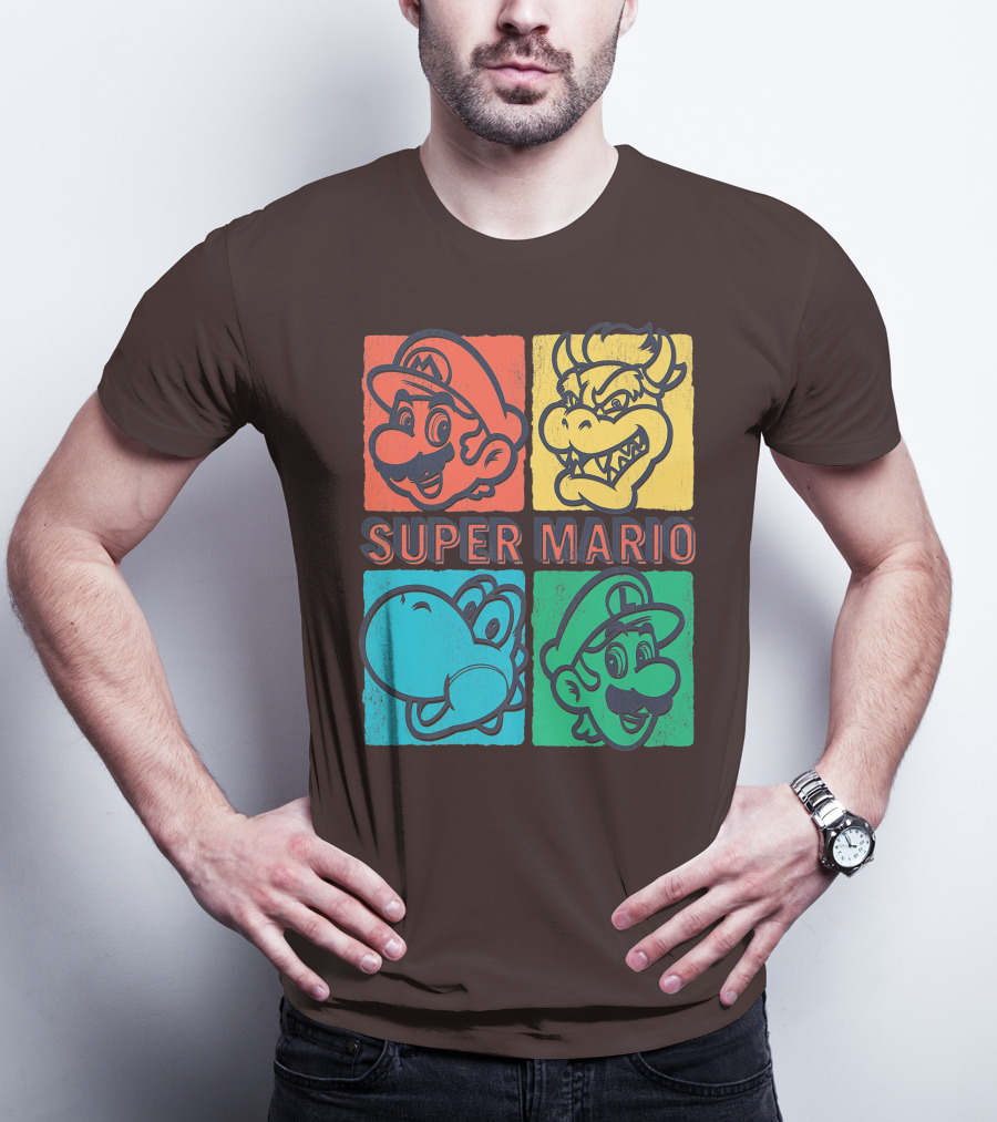 Super Mario Bowser Yoshi Luigi Distressed Square Group Shot T-Shirt