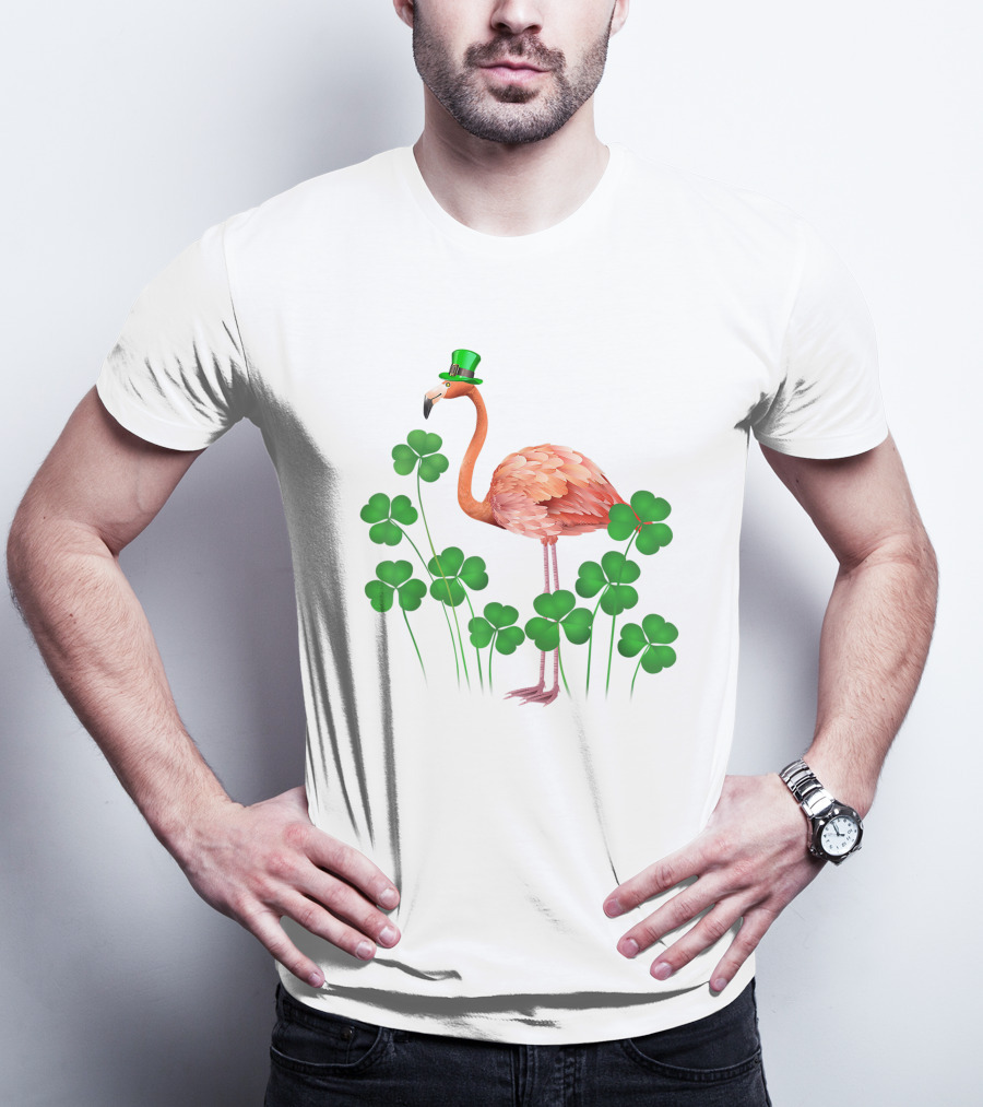 Flamingo With Shamrocks And Leprechaun Hat T-Shirt