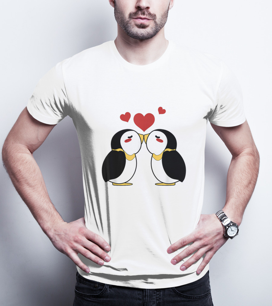 Cute Penguin Lovers Kissing With Hearts Above T-Shirt