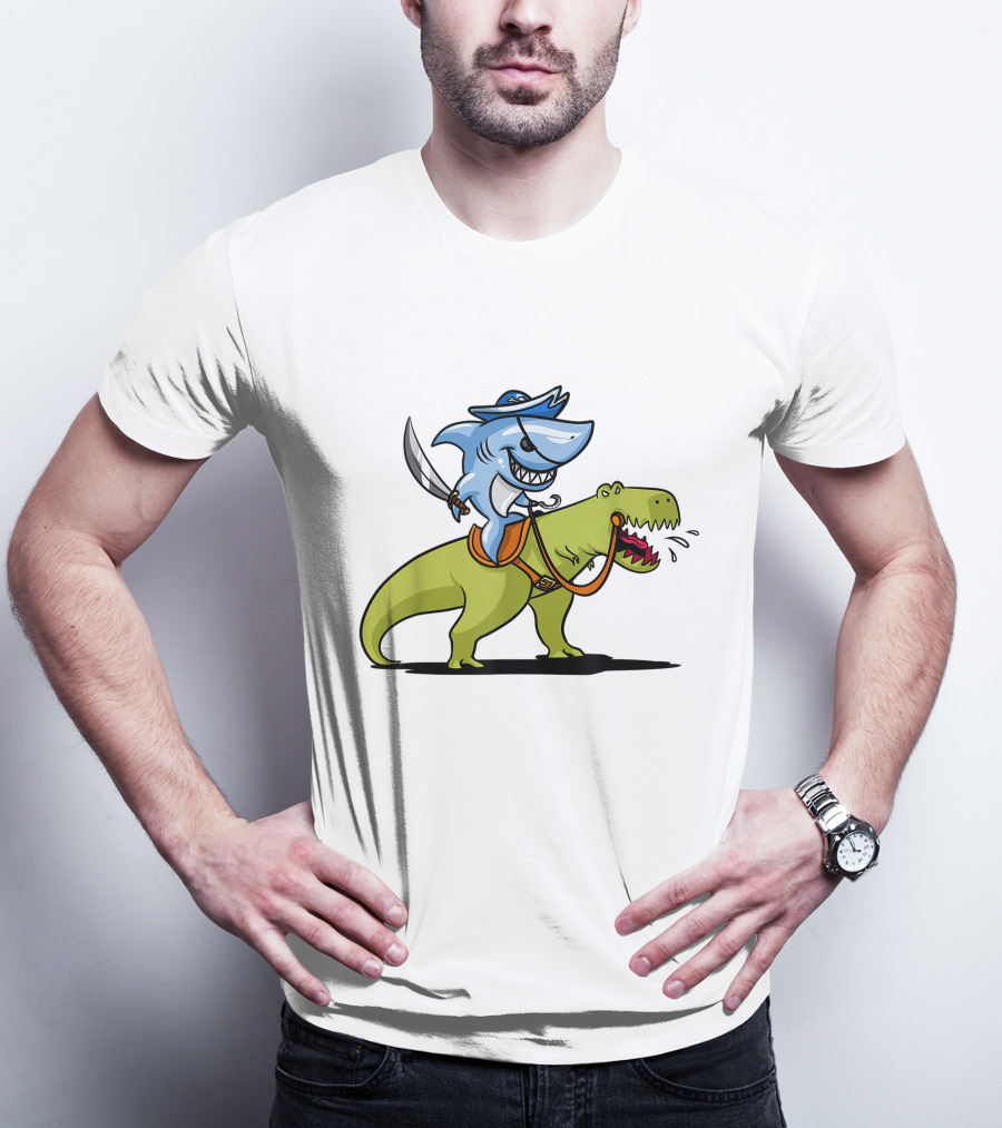 Shark Pirate Riding T-Rex Dinosaur Adventure T-Shirt