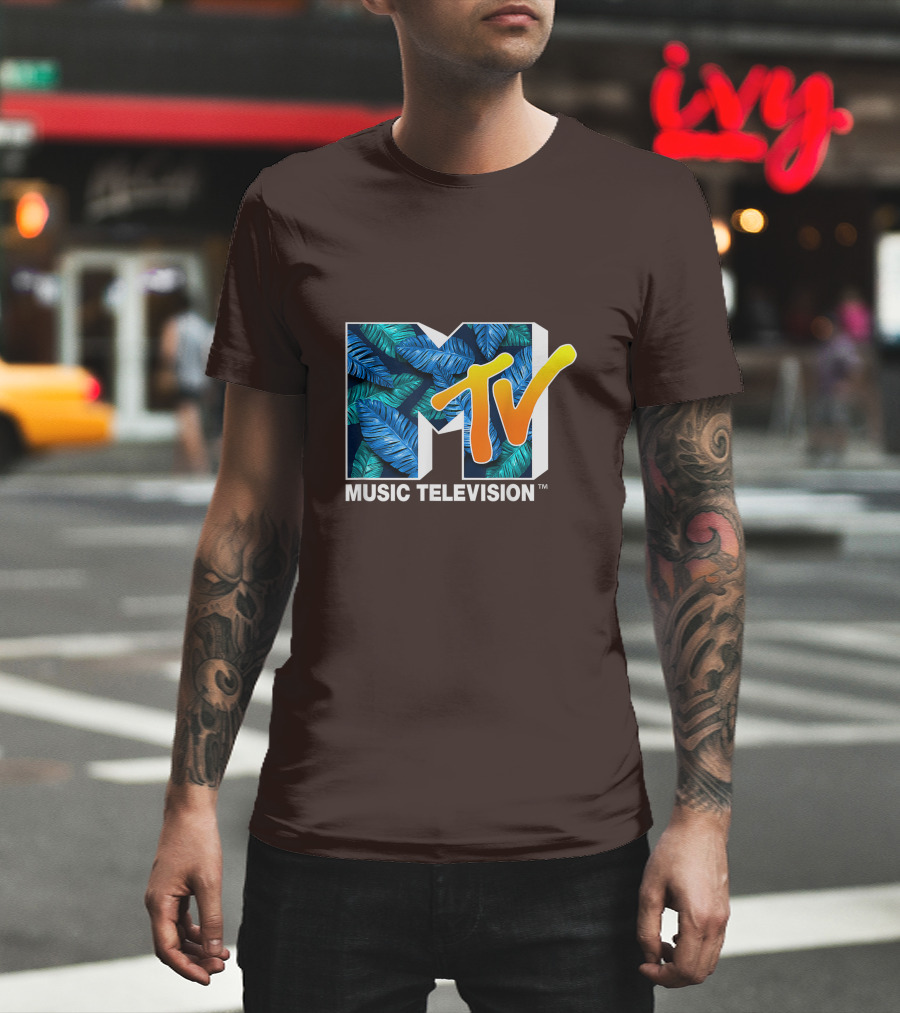 MTV Music Television Blue Green Tropical Leaf Fill T-Shirt