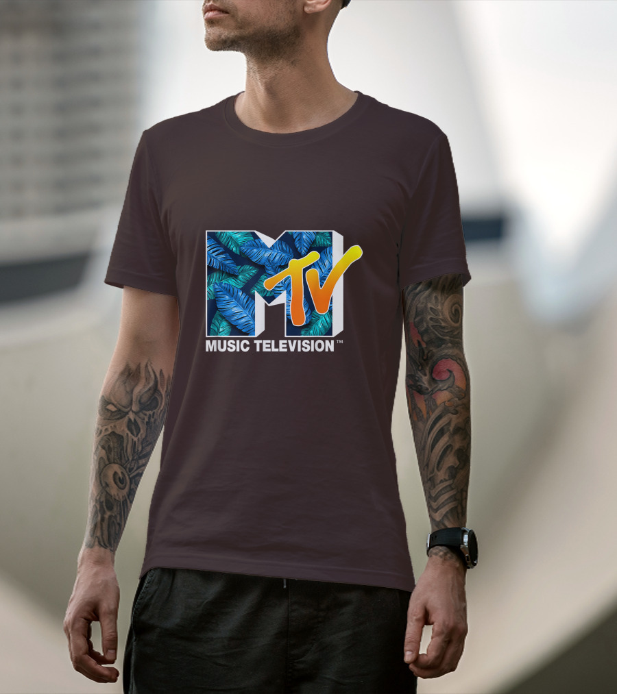 MTV Music Television Blue Green Tropical Leaf Fill T-Shirt