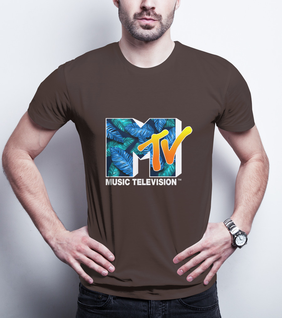 MTV Music Television Blue Green Tropical Leaf Fill T-Shirt