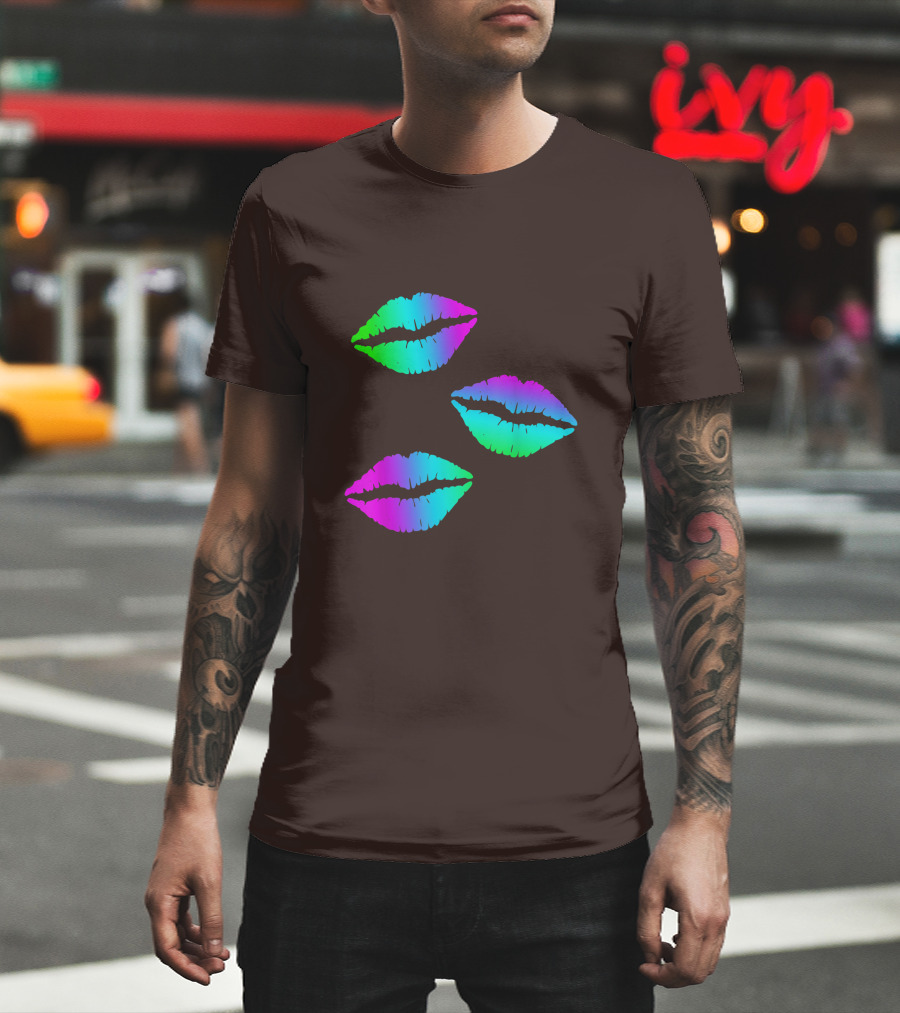 Funky Bright Neon Colours 80s Lipstick Rainbow Kiss Prints T-Shirt