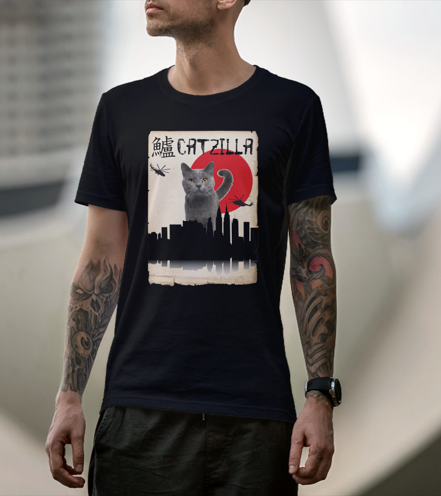 Catzilla Japanese Monster Cat Red Sun Helicopters City Skyline T-Shirt