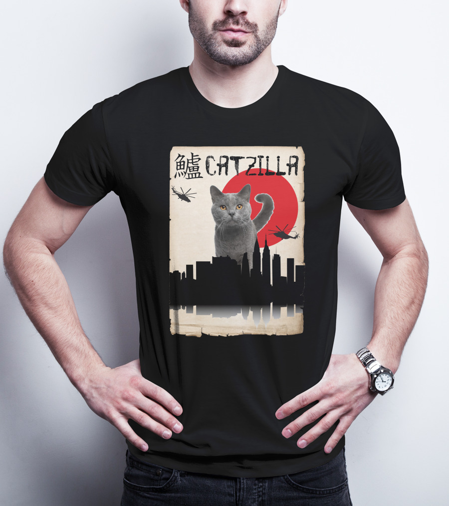 Catzilla Japanese Monster Cat Red Sun Helicopters City Skyline T-Shirt