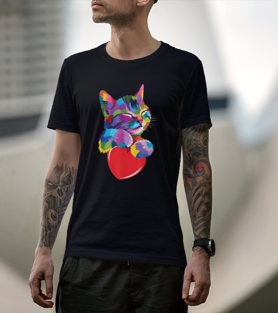 Colorful Cat Hugging Red Heart Cat Lover T-Shirt