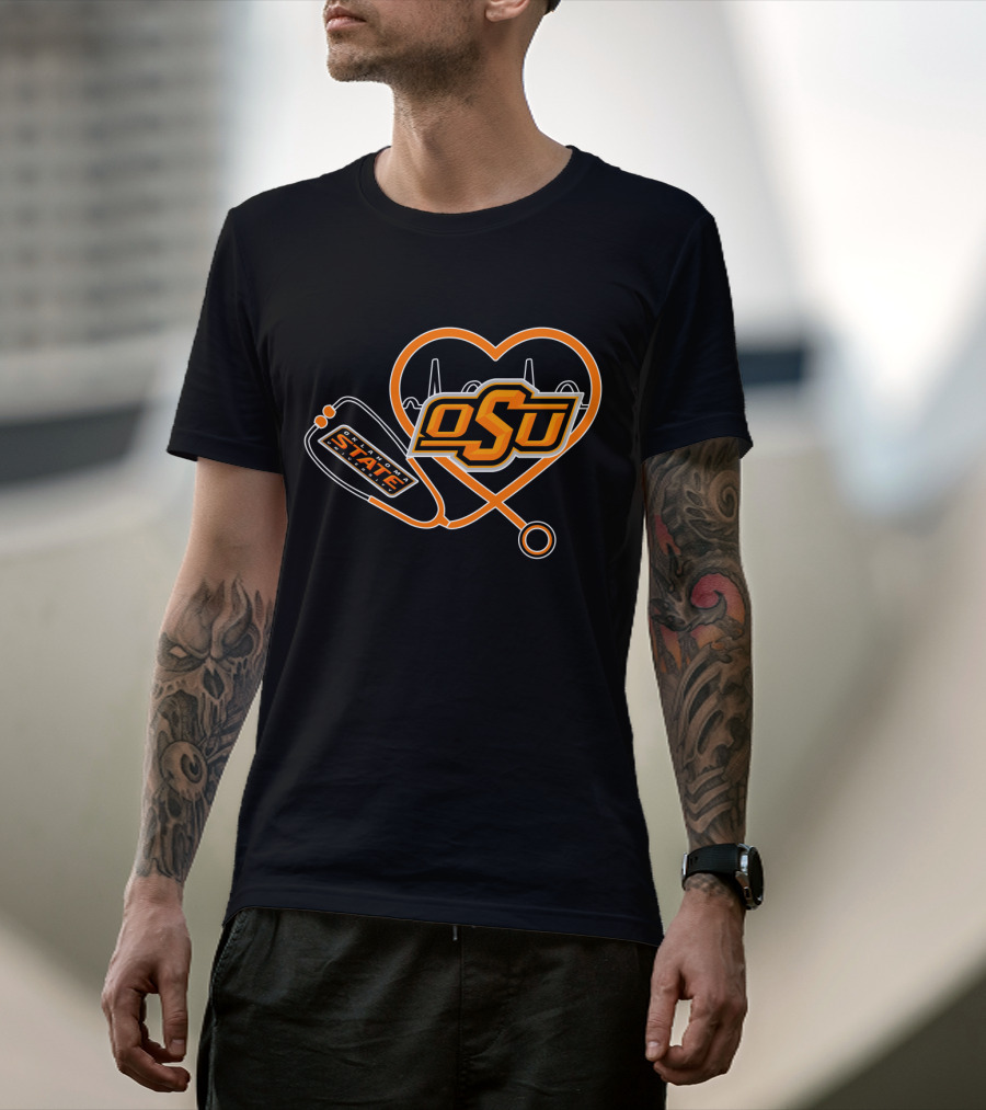 OSU Oklahoma State Cowboys Heartbeat Stethoscope T-Shirt